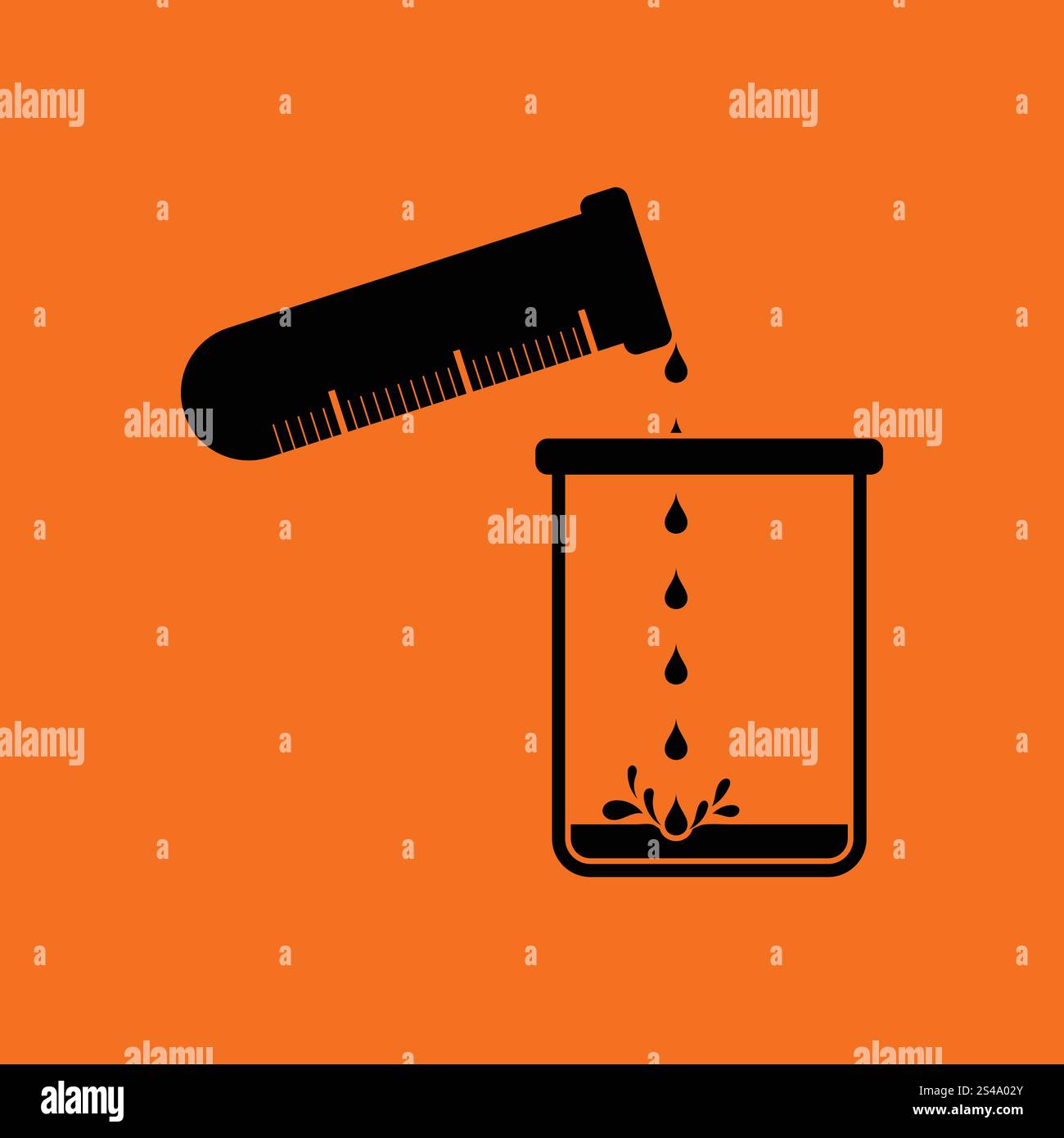 Icon of chemistry beaker pour liquid in flask. Orange background with ...