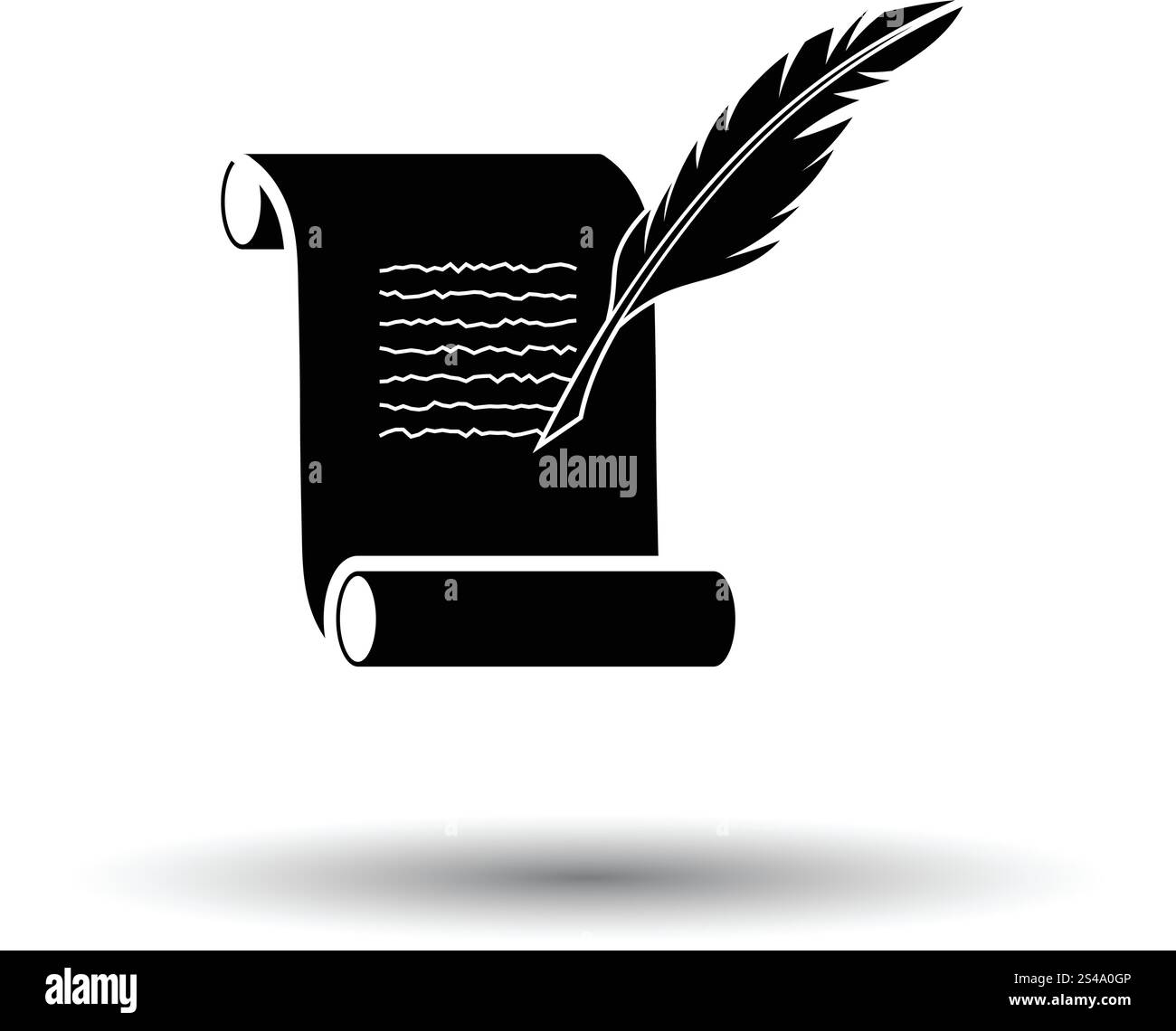 Feather and scroll icon. White background with shadow design. Vector ...