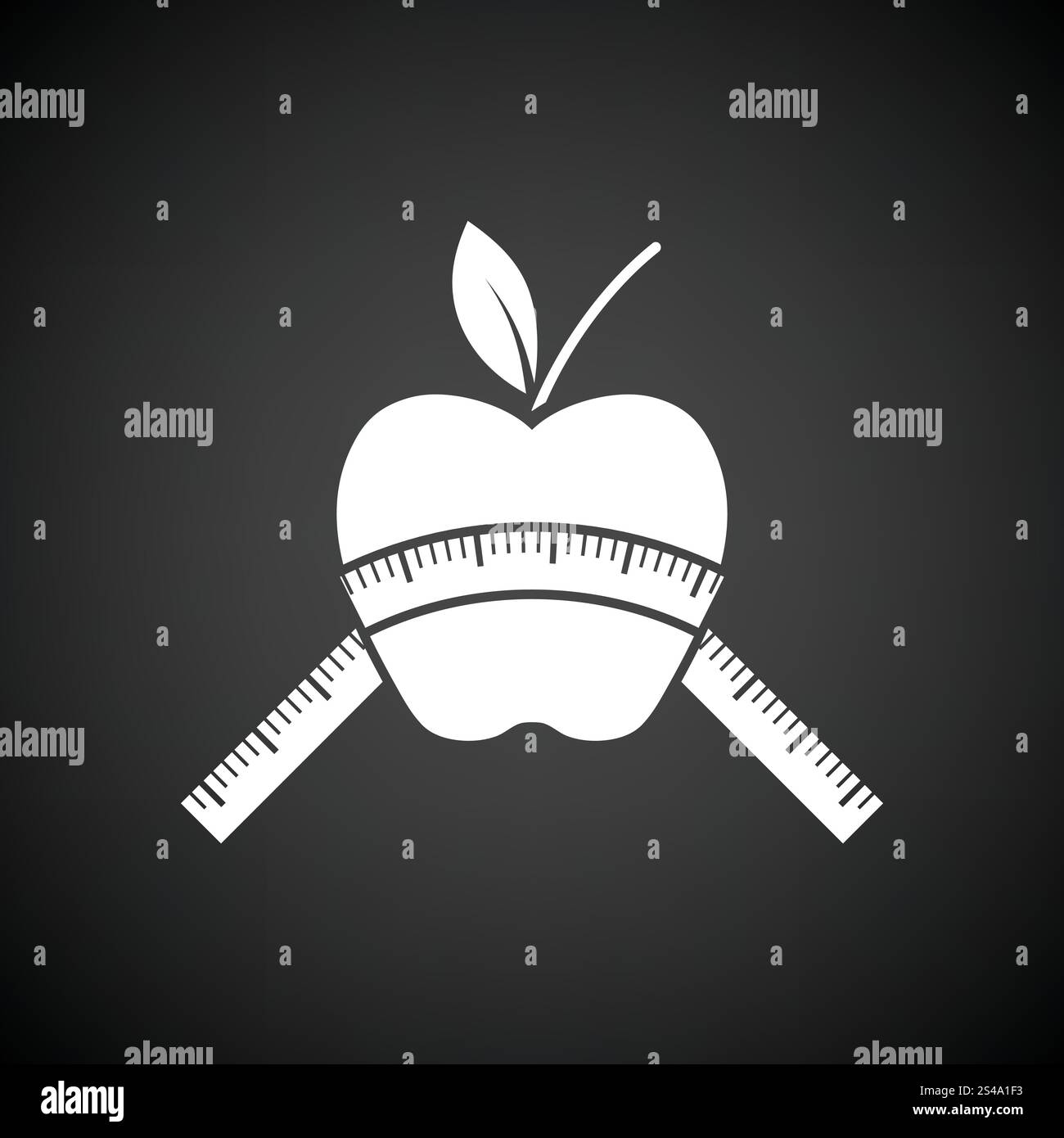 Apple with measure tape icon. Black background with white. Vector ...