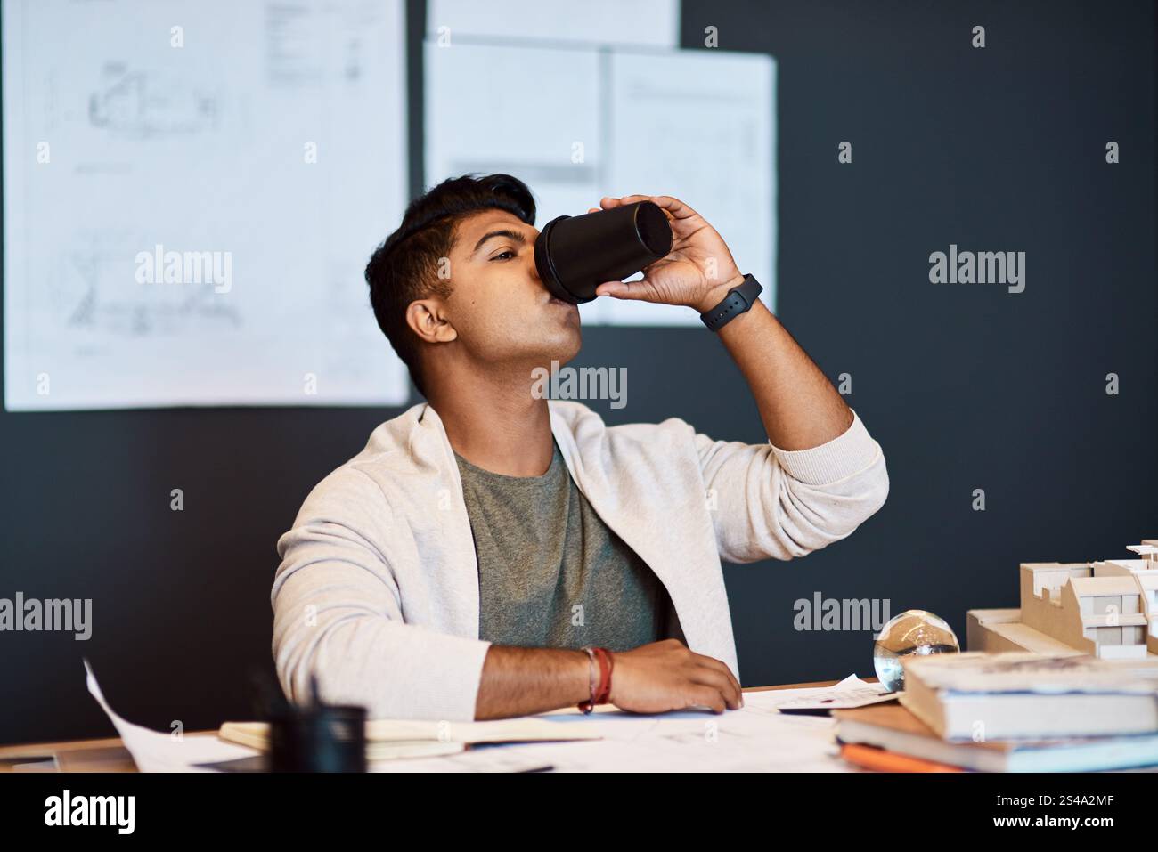 Architect, coffee break and blueprint for home interior design ...