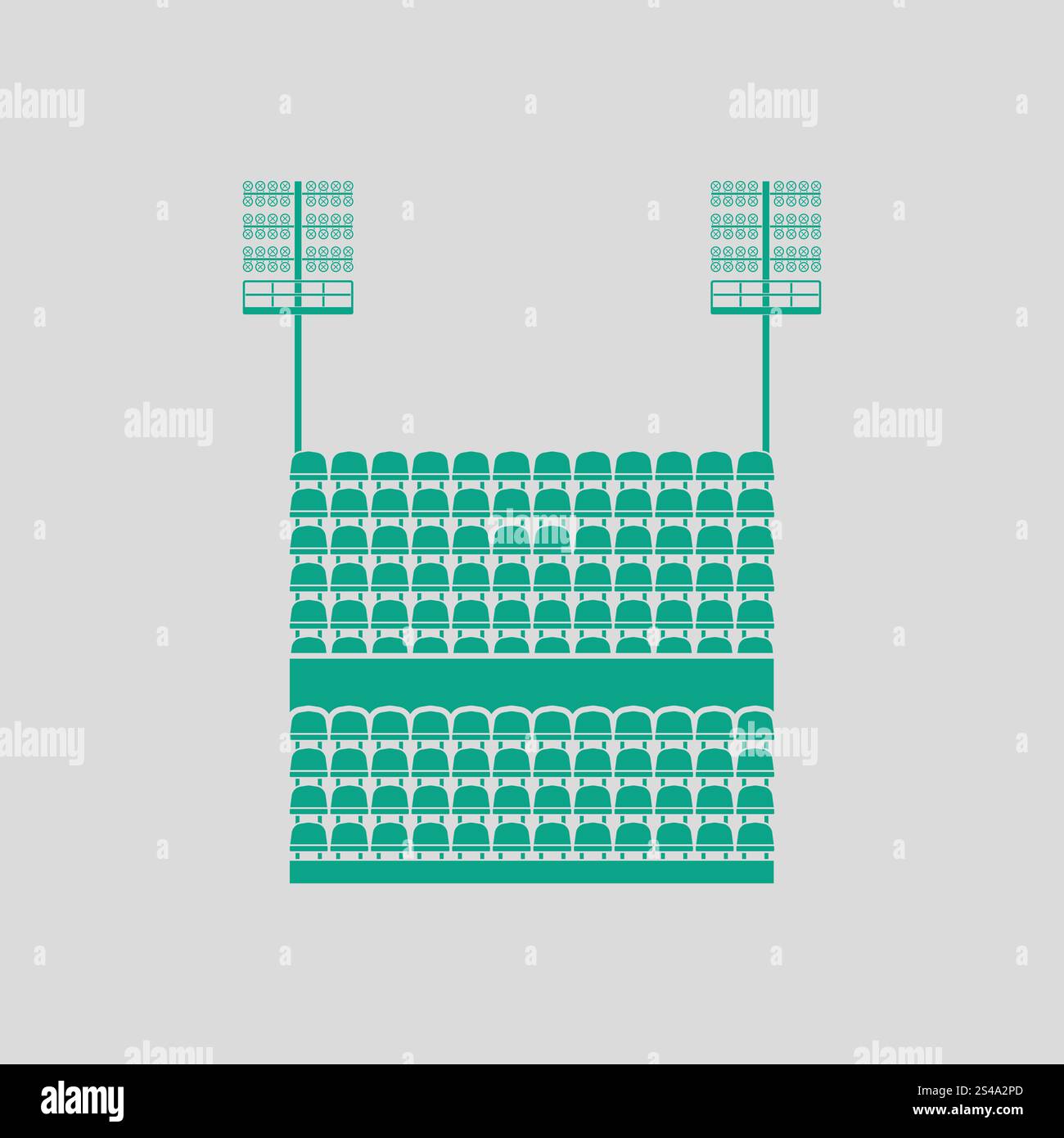 Stadium tribune with seats and light mast icon. Gray background with ...