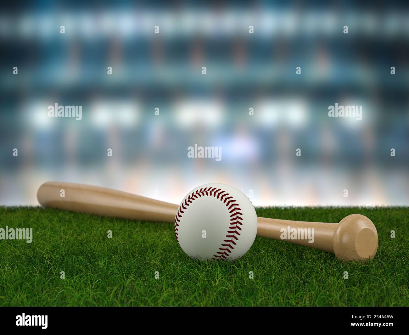 Baseball bat and ball on a grass background. 3d illustration Stock ...