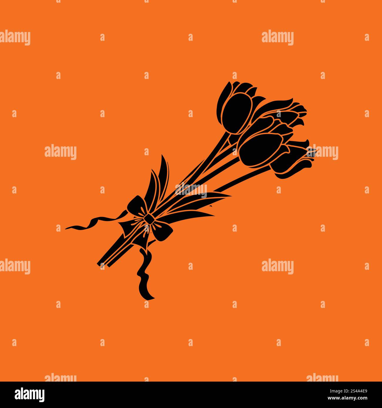 Tulips bouquet icon with tied bow. Orange background with black. Vector ...