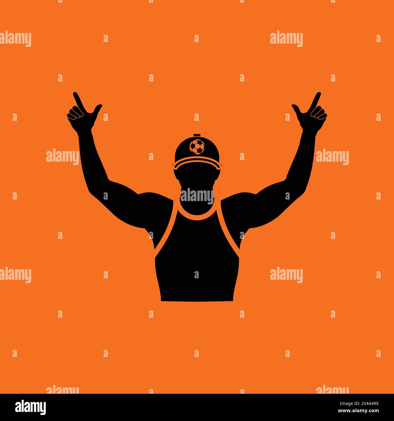 Football fan with hands up icon. Orange background with black. Vector ...
