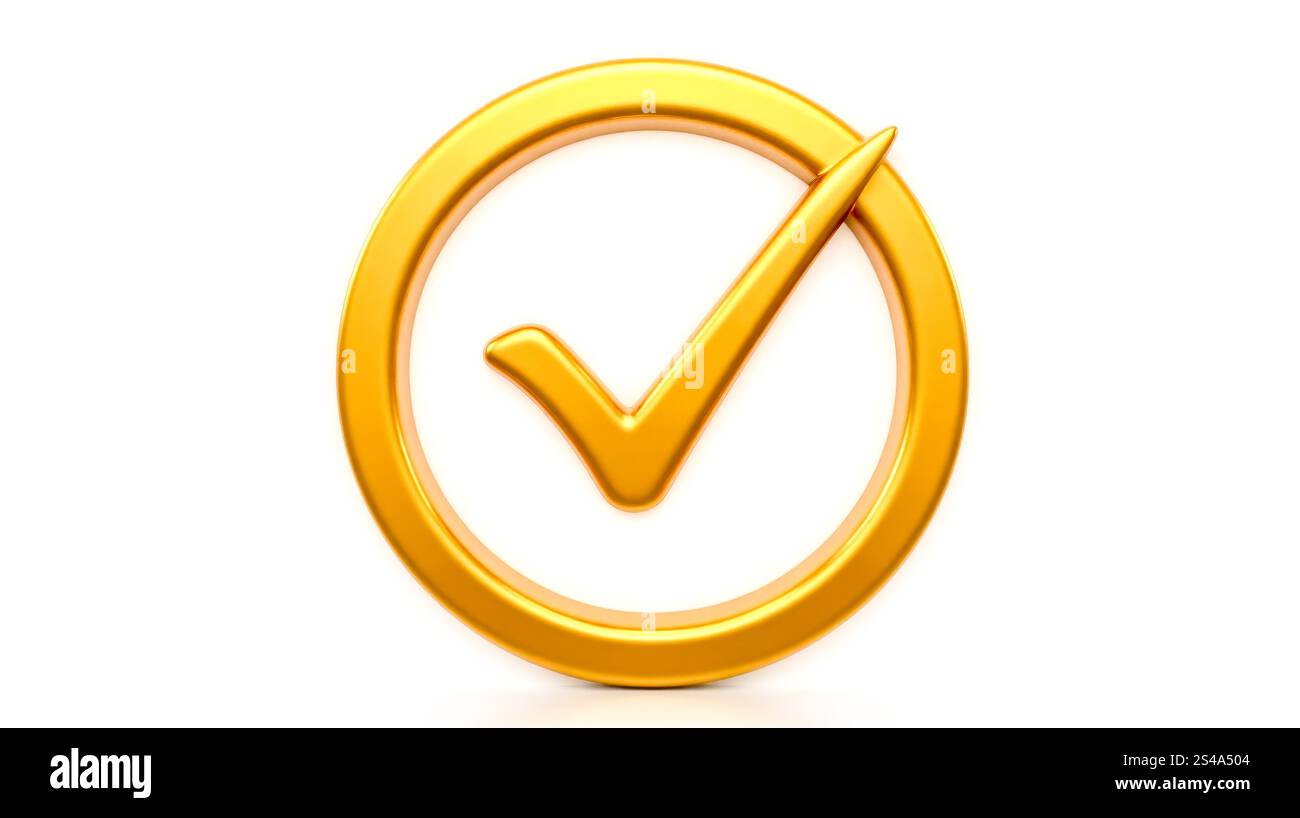 Golden checkmark symbol enclosed in circular border, isolated on white ...