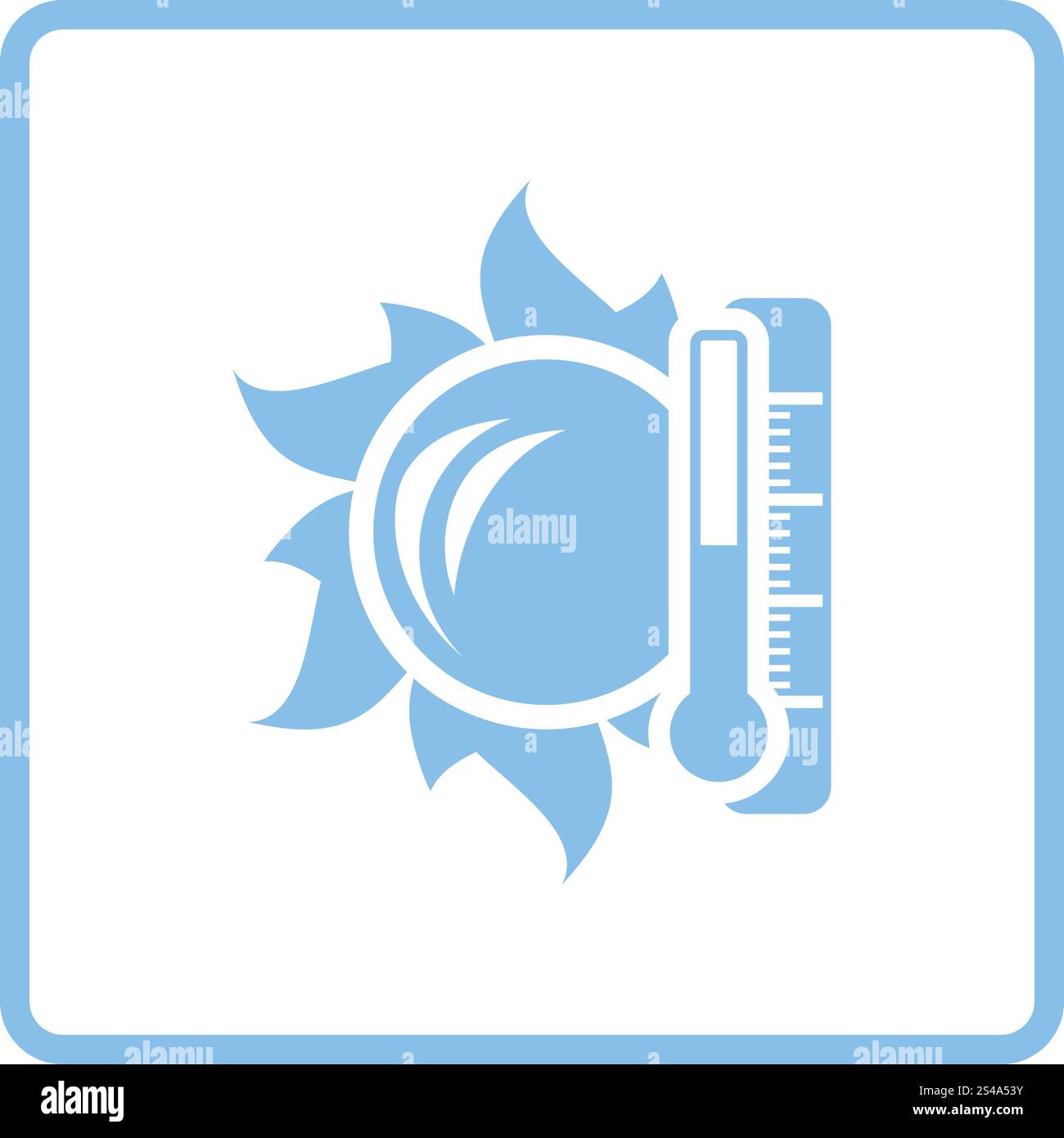 Sun and thermometer with high temperature icon. Blue frame design ...