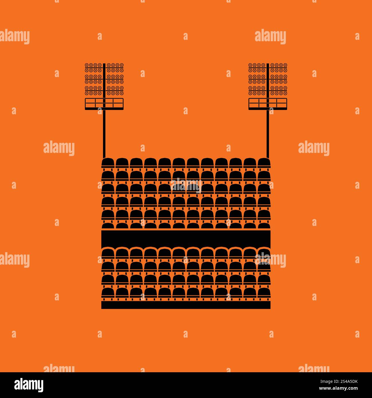 Stadium tribune with seats and light mast icon. Orange background with ...