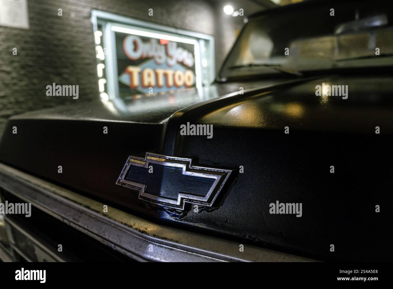 Vintage Chevy Truck at Night with Reflection Stock Photo - Alamy