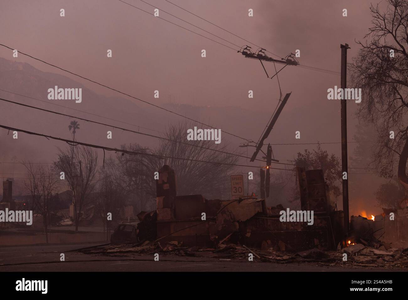 Altadena, California, USA - January 8, 2025: Power lines destroyed by ...