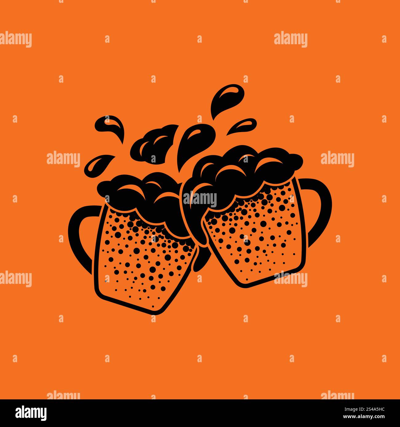 Two clinking beer mugs with fly off foam icon. Orange background with ...