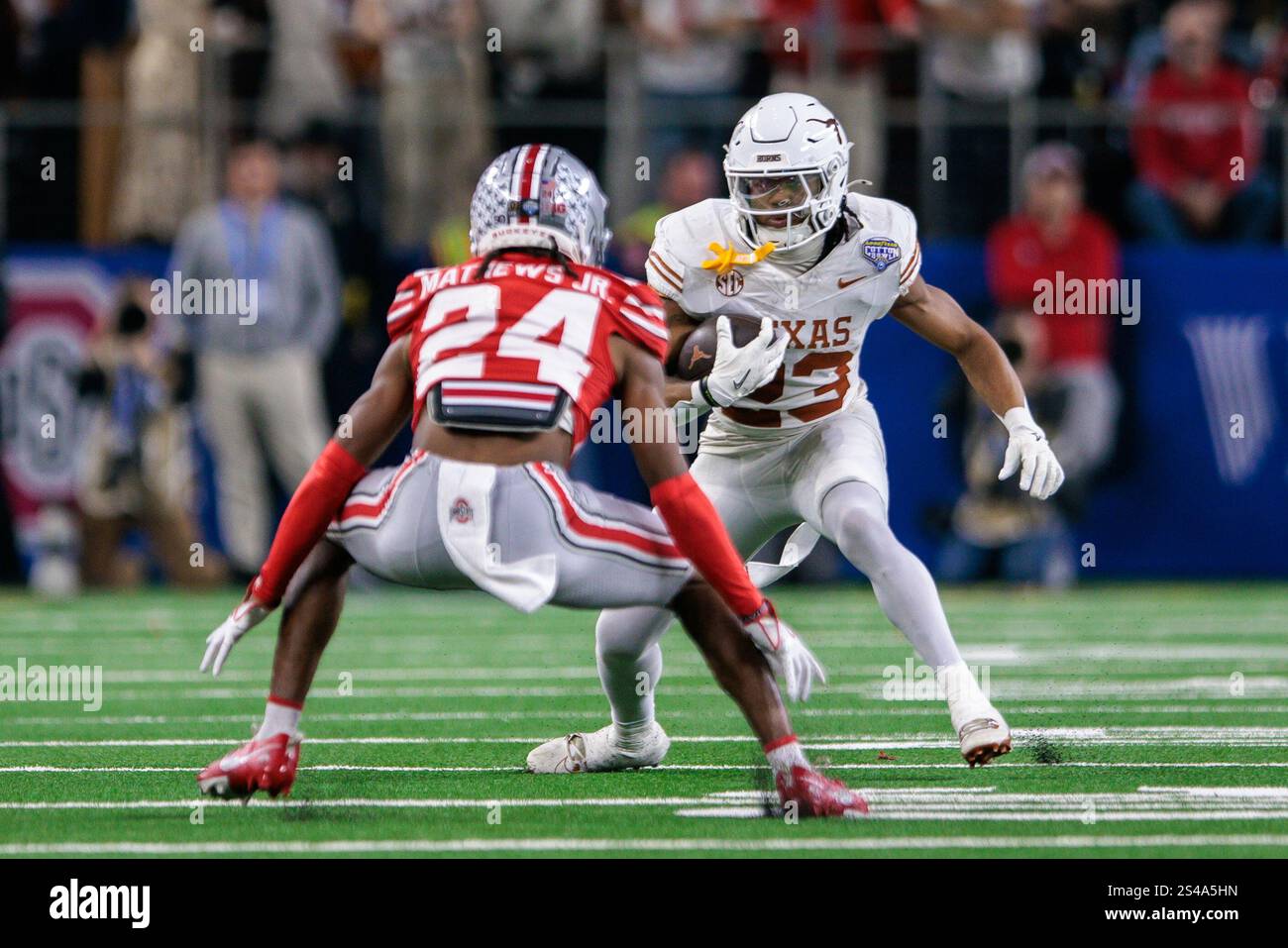 ARLINGTON, TX - JANUARY 10: Running Back Jaydon Blue #23 of the Texas ...