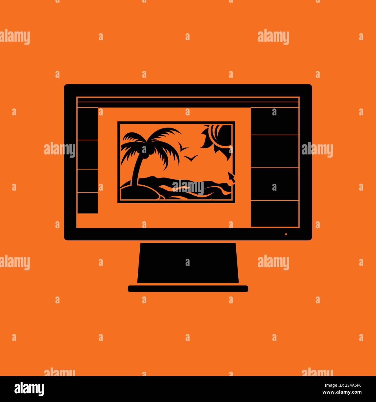 Icon of photo editor on monitor screen. Orange background with black ...