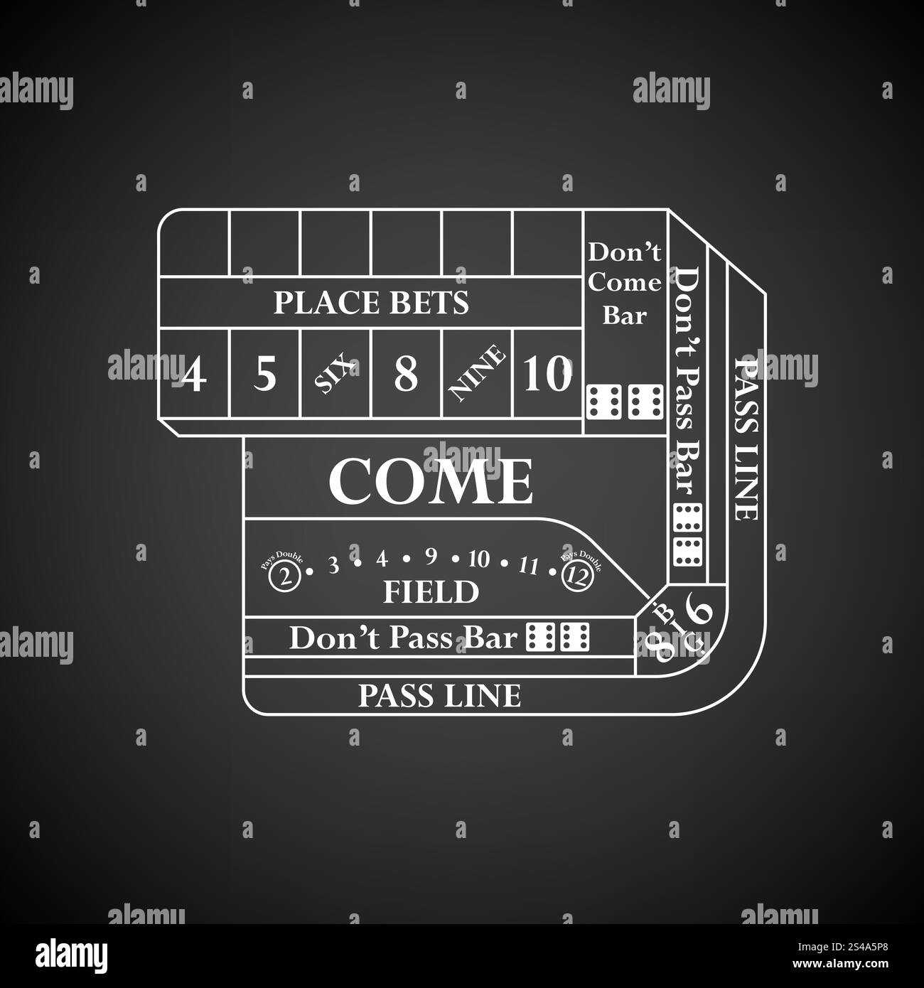 Craps table icon. Black background with white. Vector illustration ...