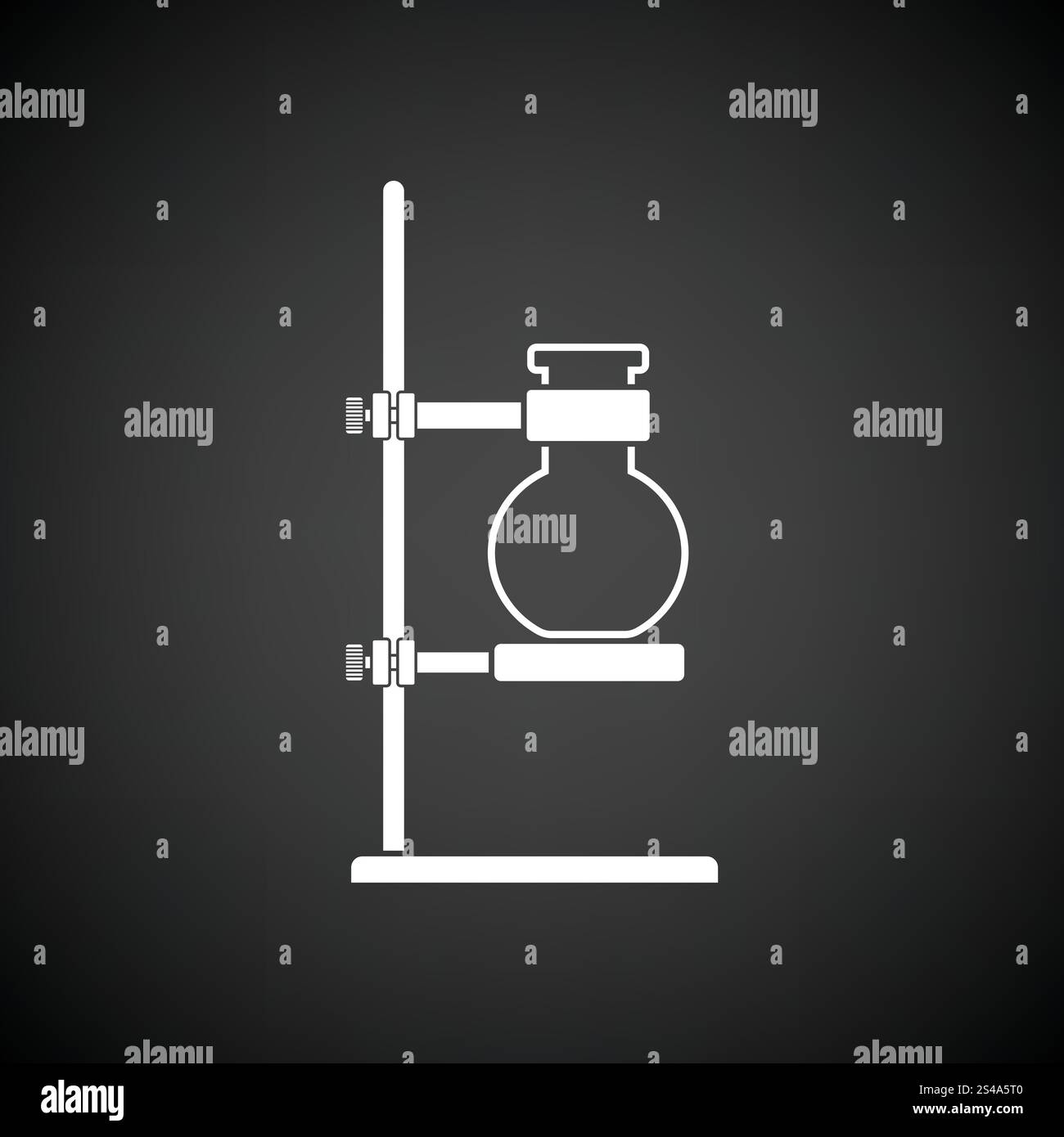 Icon of chemistry flask griped in stand. Black background with white ...