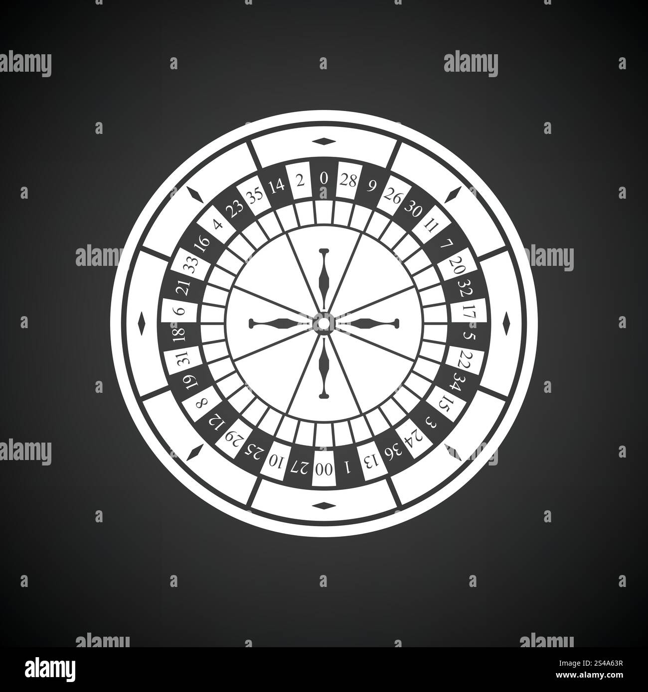 Roulette wheel icon. Black background with white. Vector illustration ...