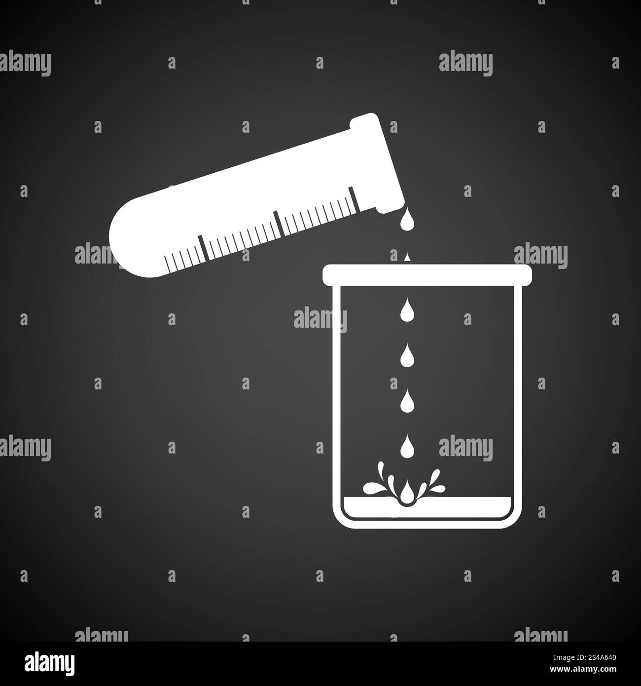 Icon of chemistry beaker pour liquid in flask. Black background with ...