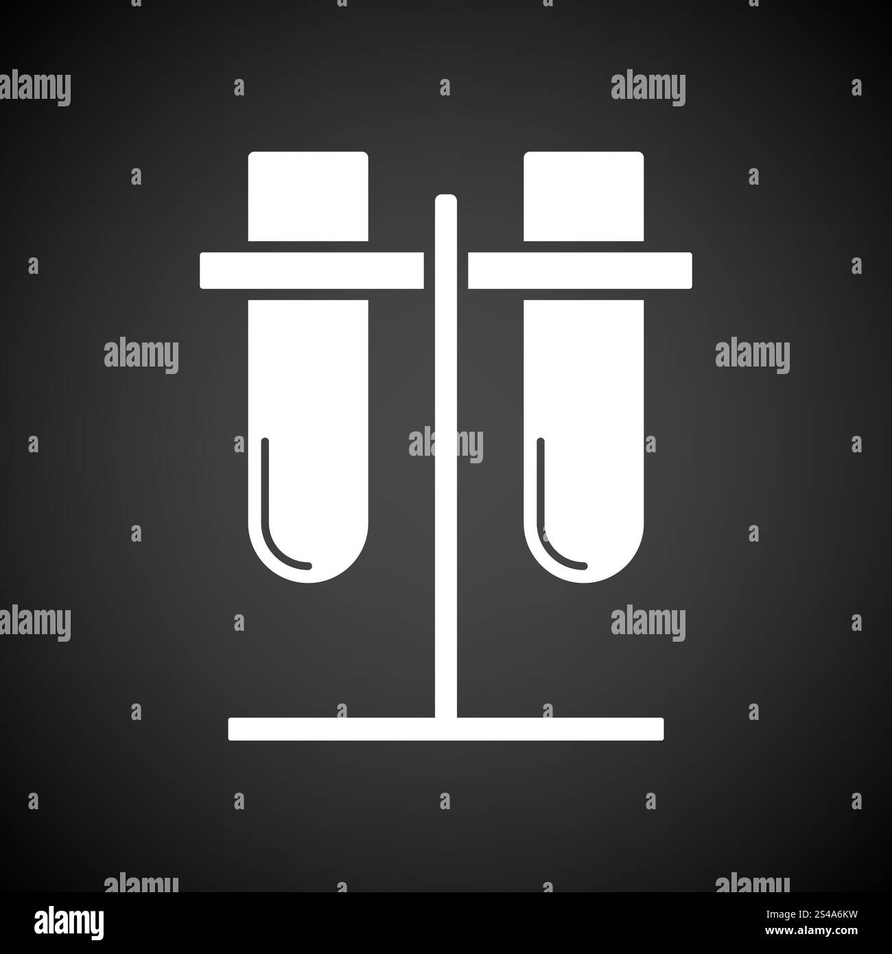 Lab flasks attached to stand icon. Black background with white. Vector ...