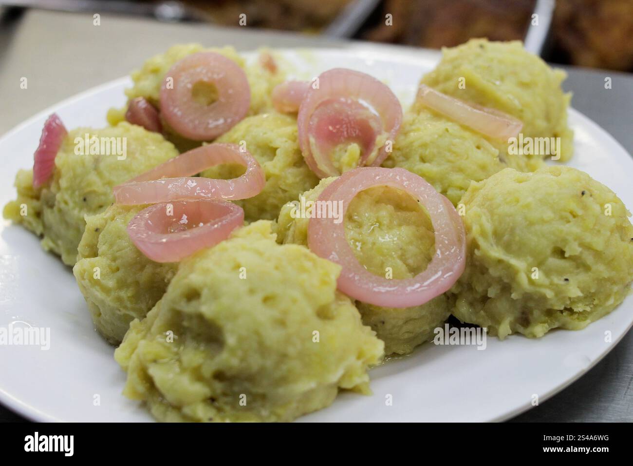 Dominican breakfast plate plantain mangu Stock Photo - Alamy
