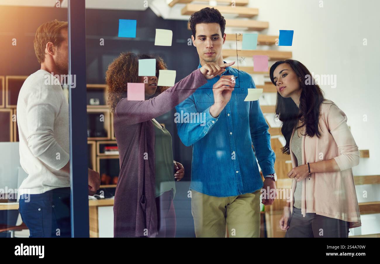 Business people, sticky notes and writing graph in office, internship ...