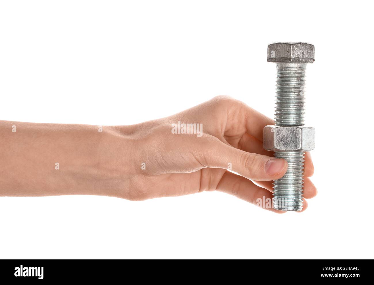 Hand holding large bolt with nut on white background Stock Photo - Alamy