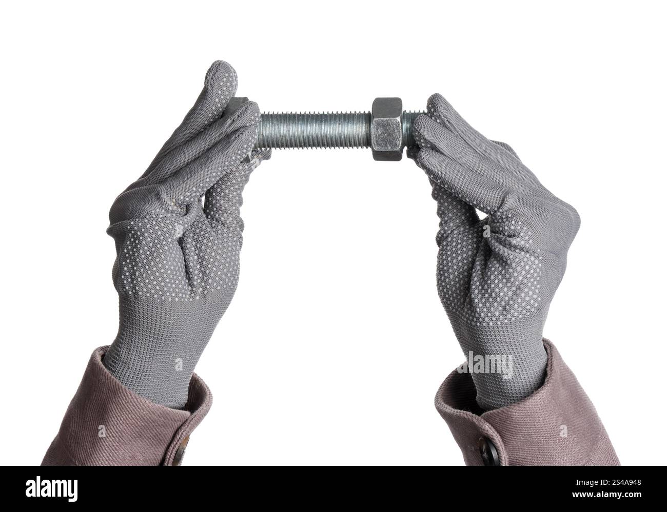 Worker's hands holding large bolt with nut on white background Stock ...