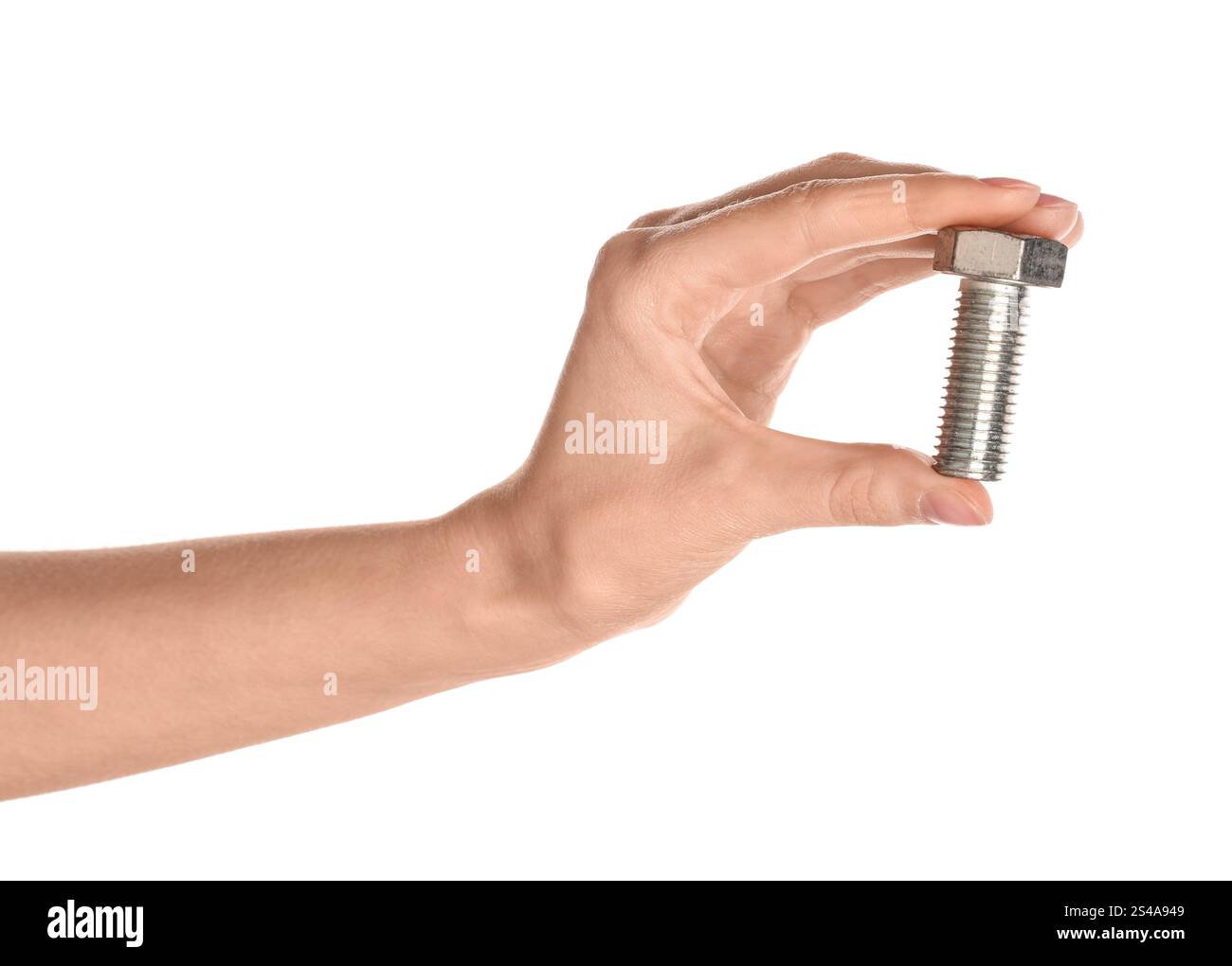 Hand holding large bolt on white background Stock Photo - Alamy