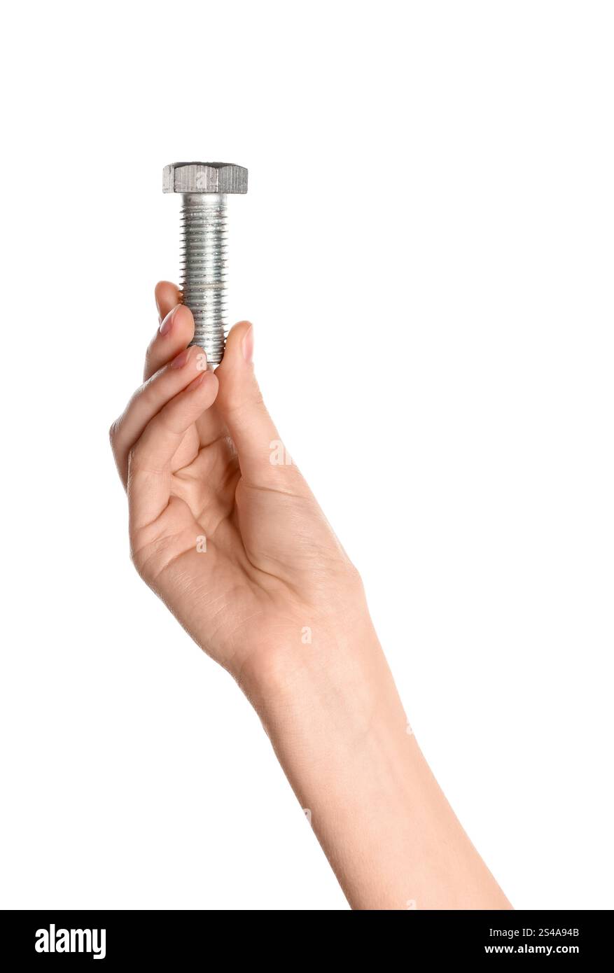 Hand holding large bolt on white background Stock Photo - Alamy