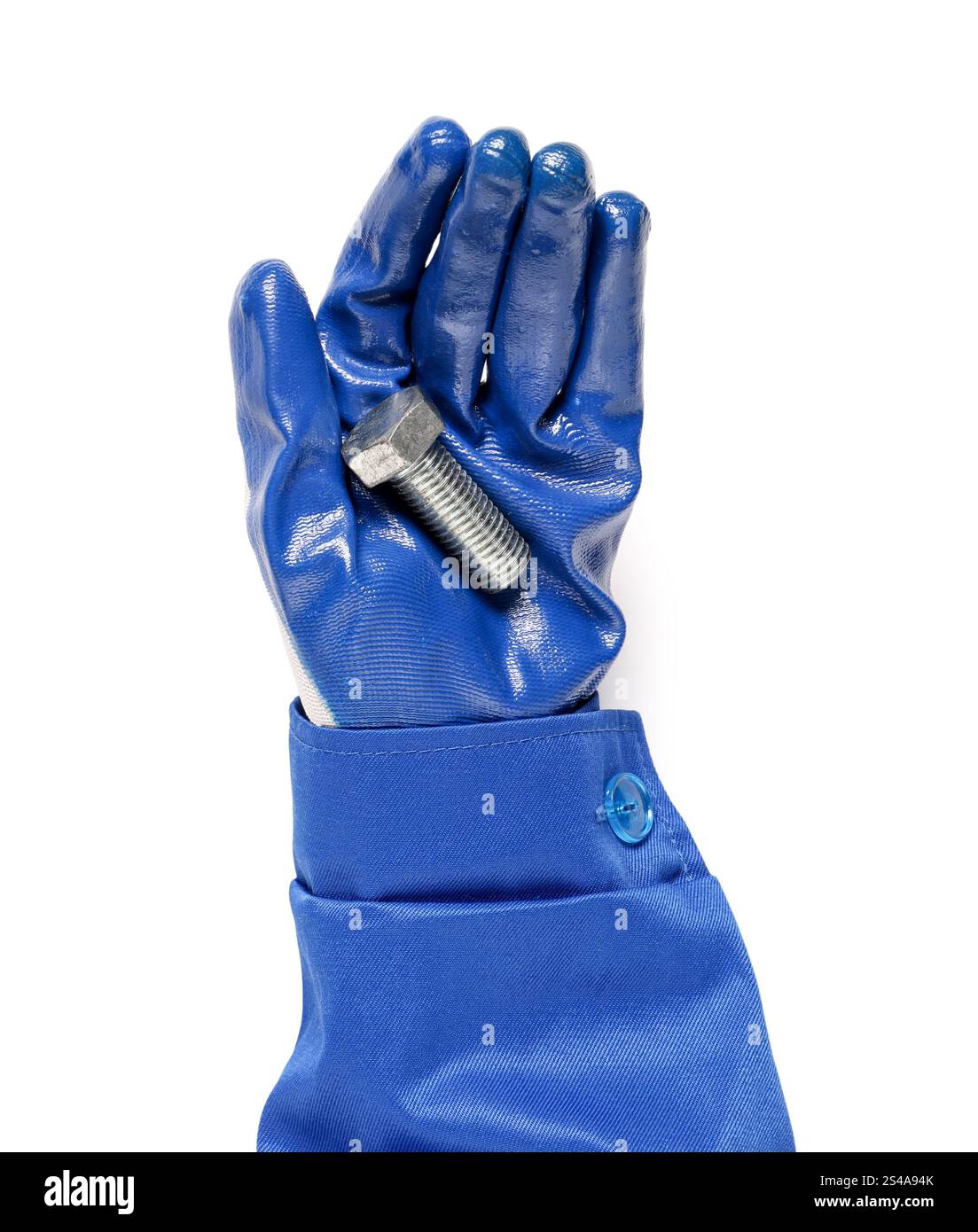 Worker's hand holding large bolt on white background Stock Photo - Alamy