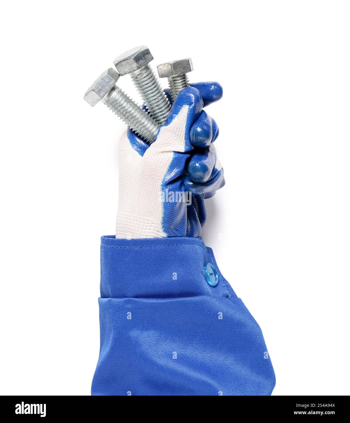 Worker's hand holding large bolts on white background Stock Photo - Alamy