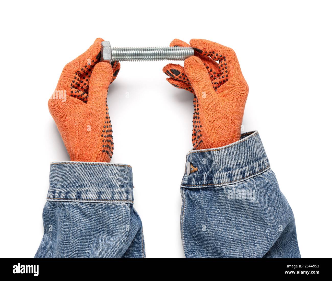 Worker's hands holding large bolt on white background Stock Photo - Alamy
