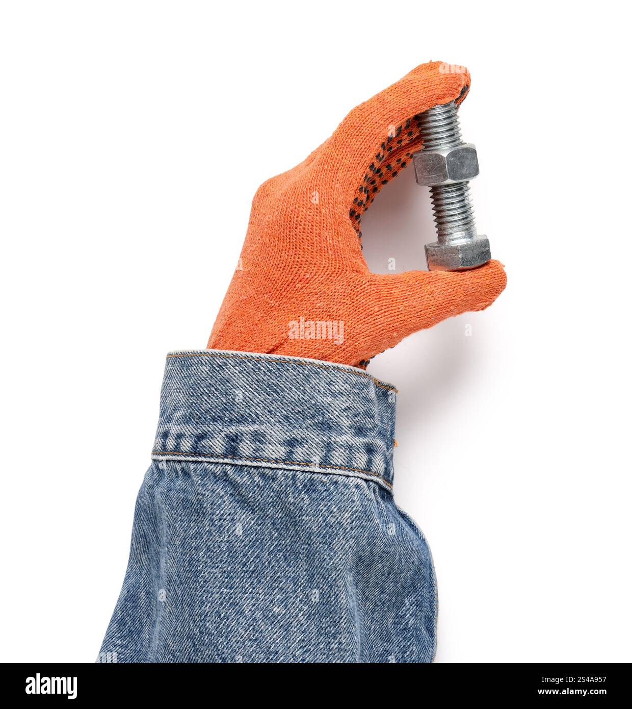 Worker's hand holding large bolt with nut on white background Stock ...