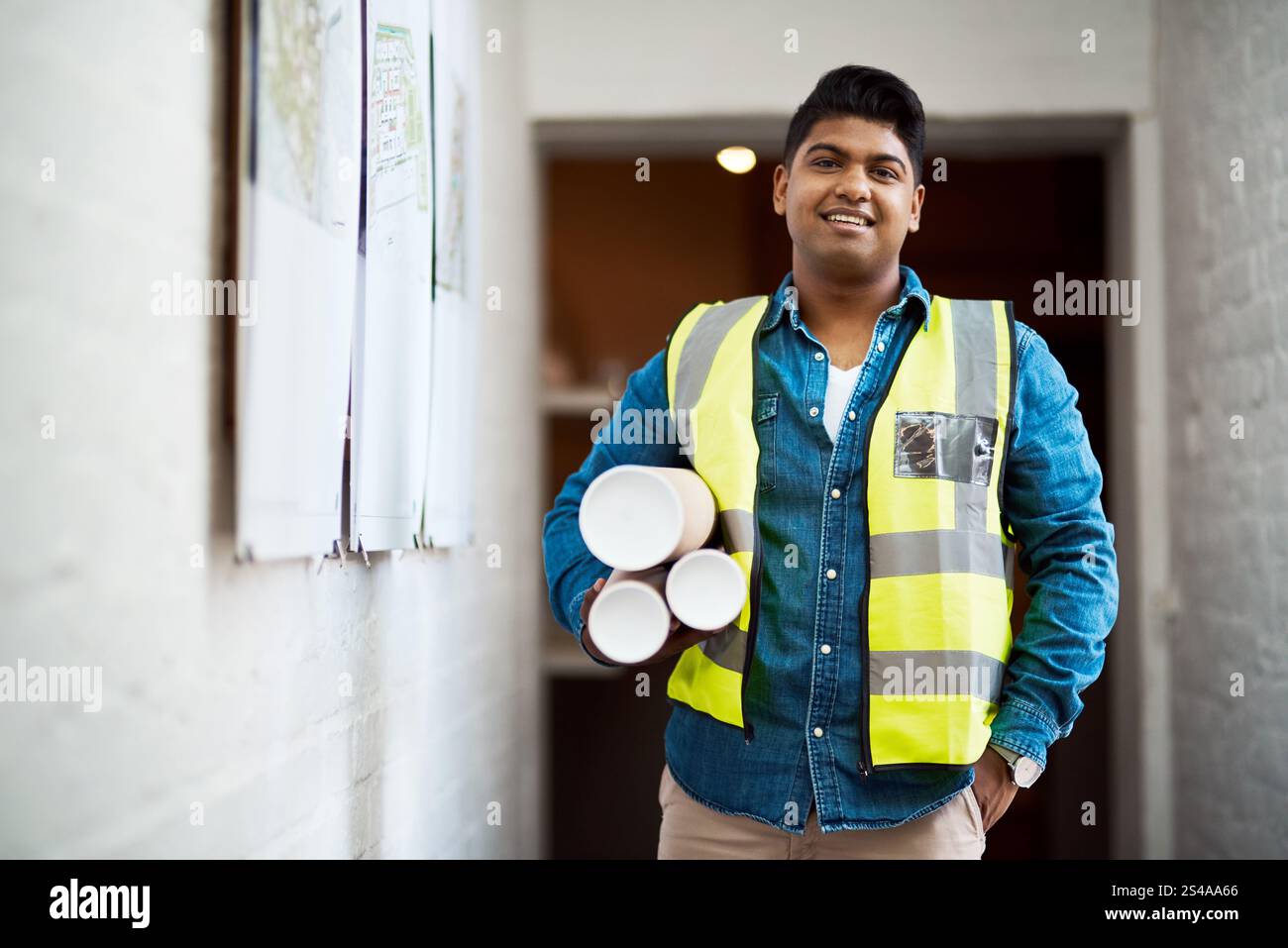 Man, engineer and portrait with construction blueprint of architecture ...