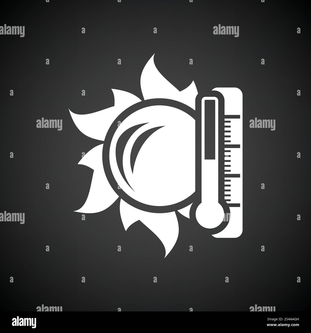 Sun and thermometer with high temperature icon. Black background with ...