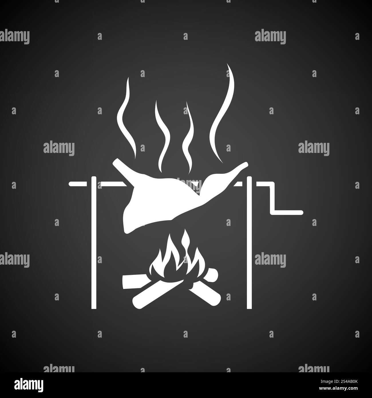 Roasting meat on fire icon. Black background with white. Vector ...