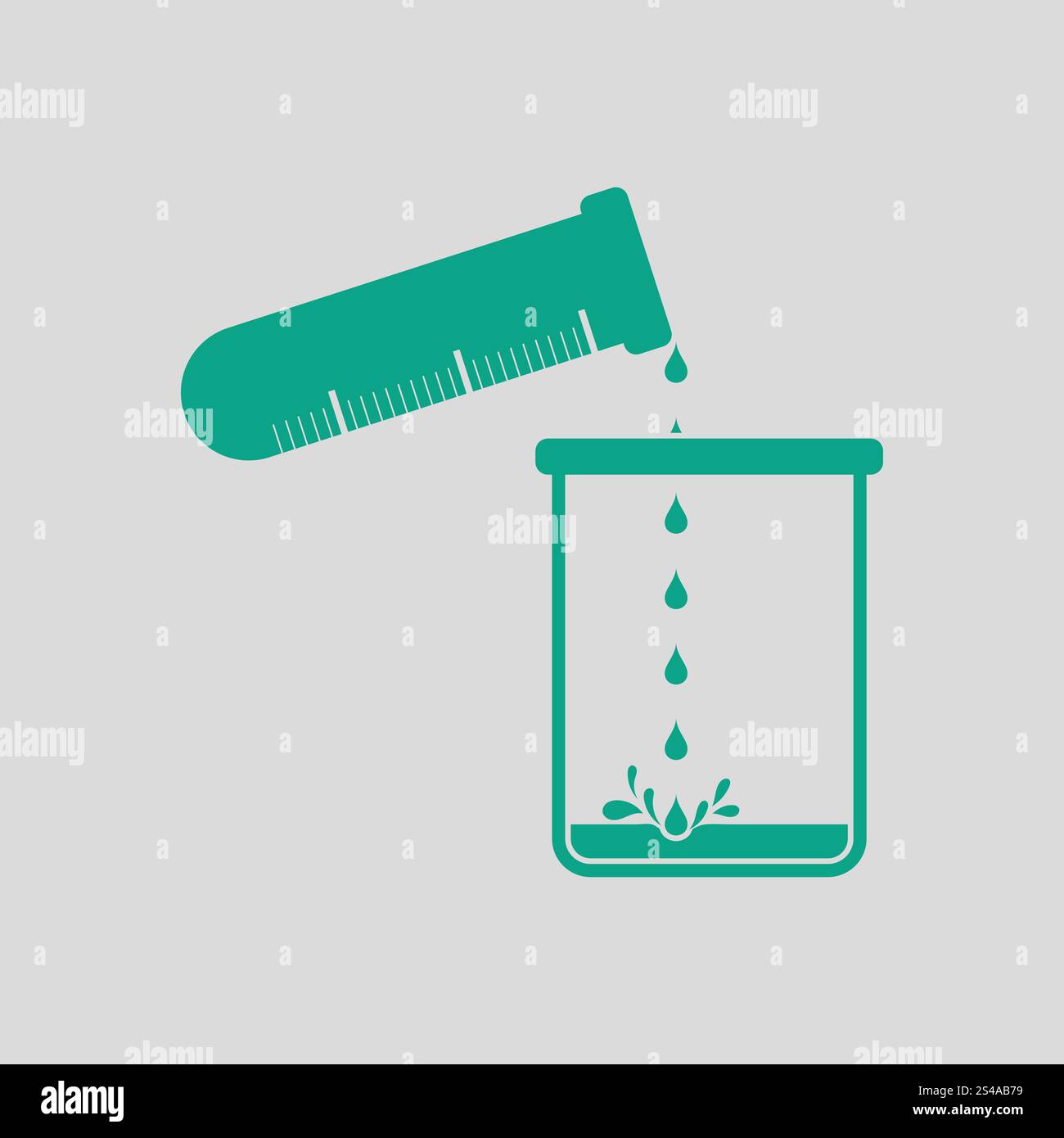 Icon of chemistry beaker pour liquid in flask. Gray background with ...