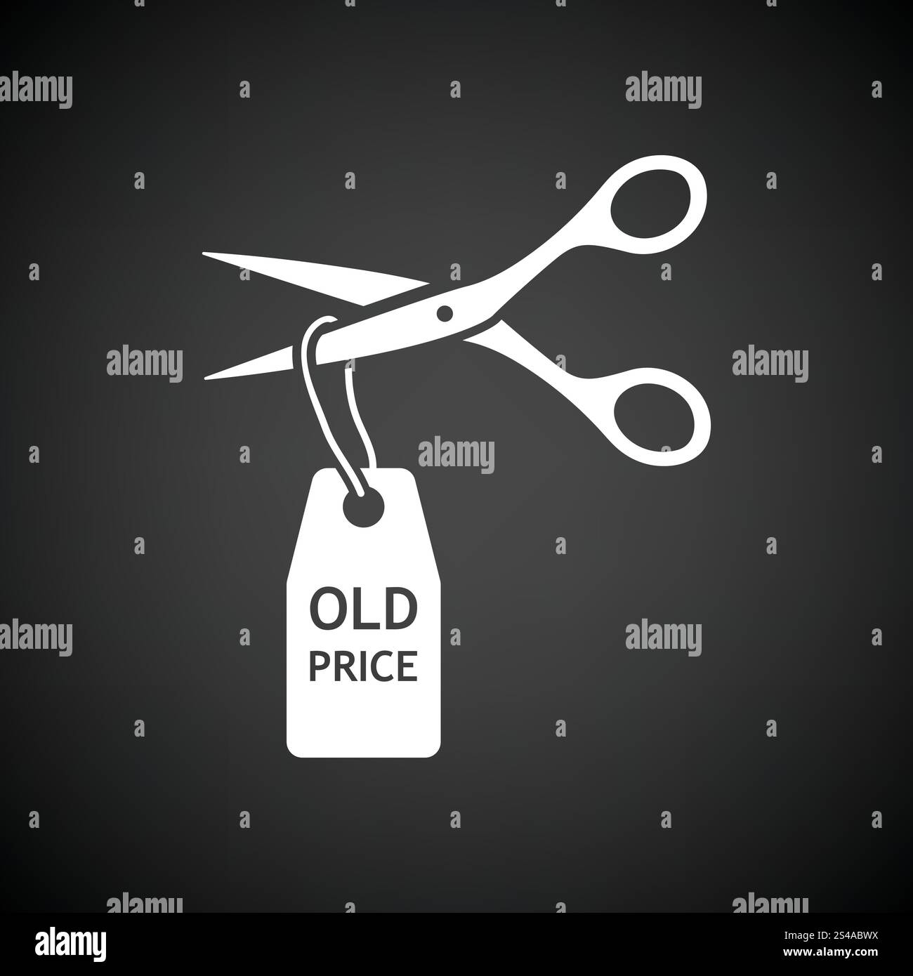 Scissors cut old price tag icon. Black background with white. Vector ...