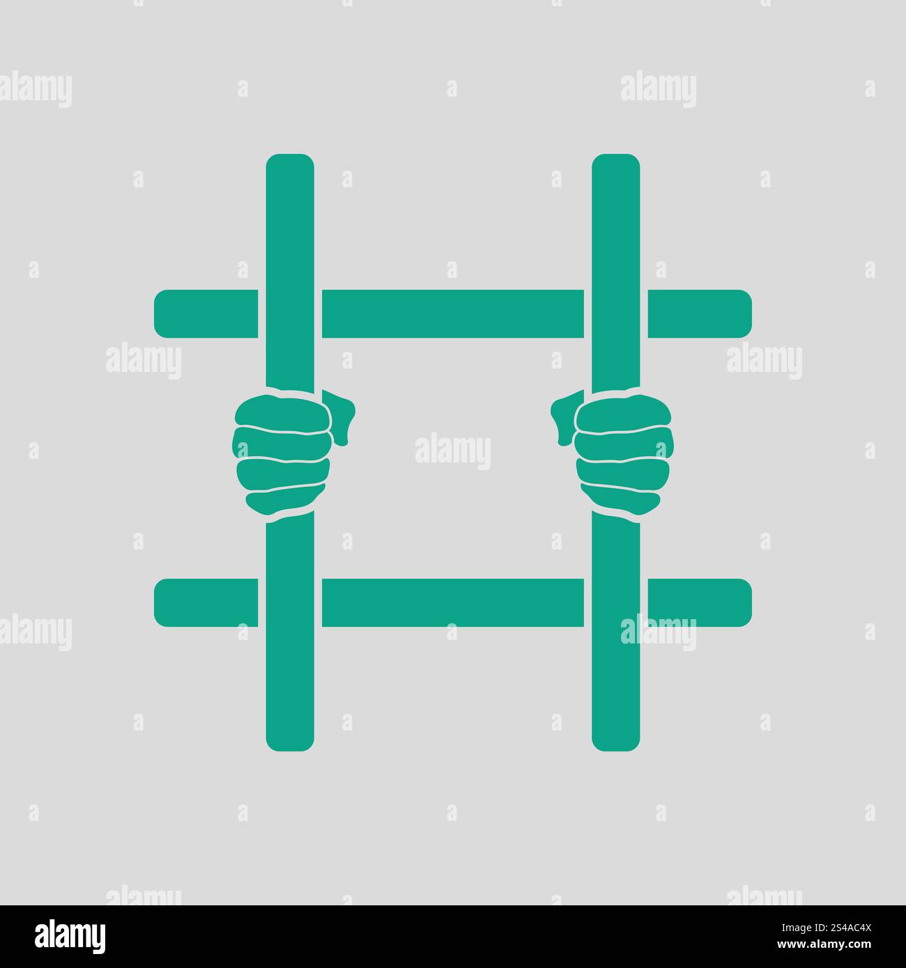 Hands holding prison bars icon. Gray background with green. Vector ...