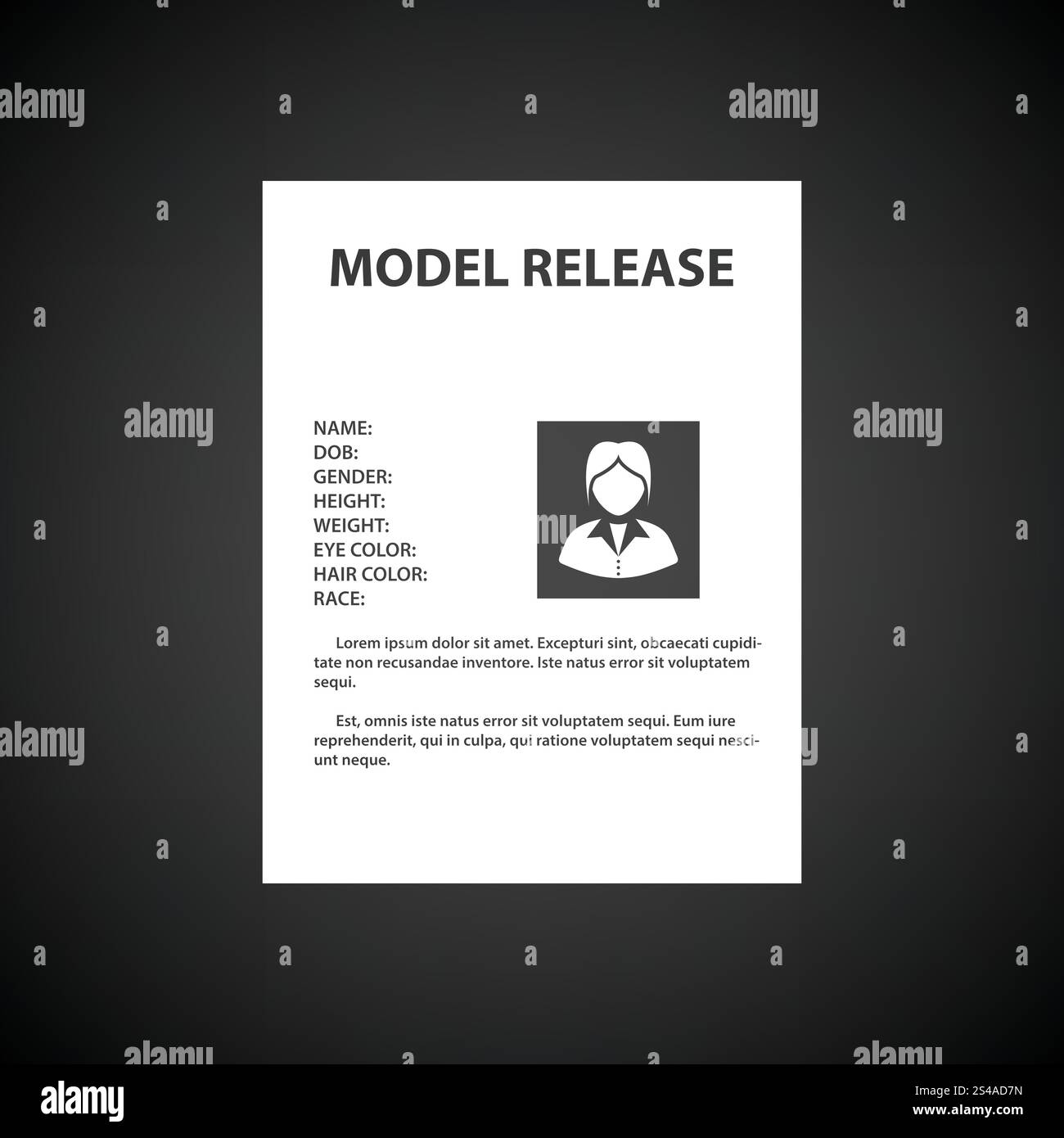 Icon of model release document. Black background with white. Vector ...