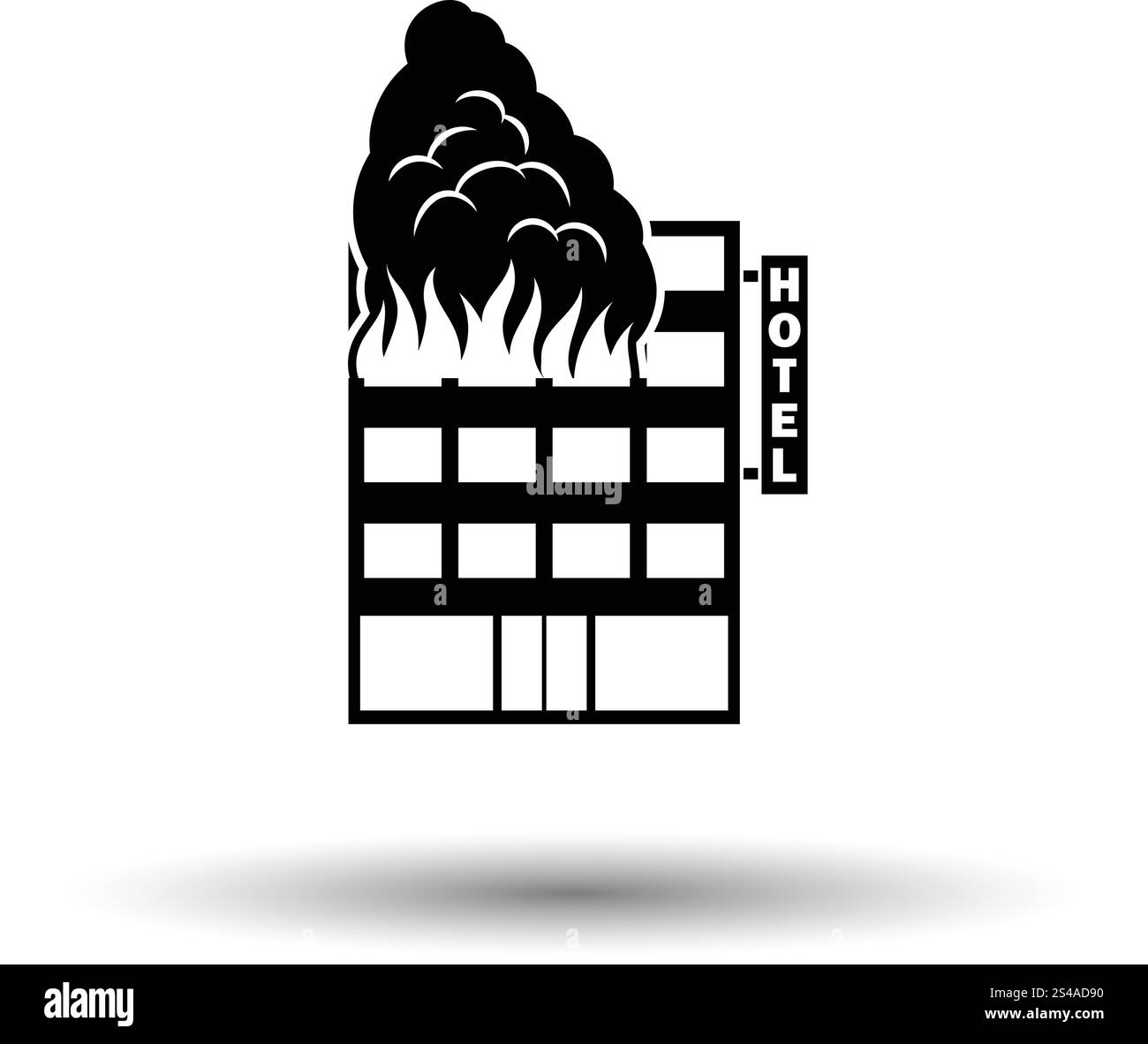 Hotel building in fire icon. White background with shadow design ...