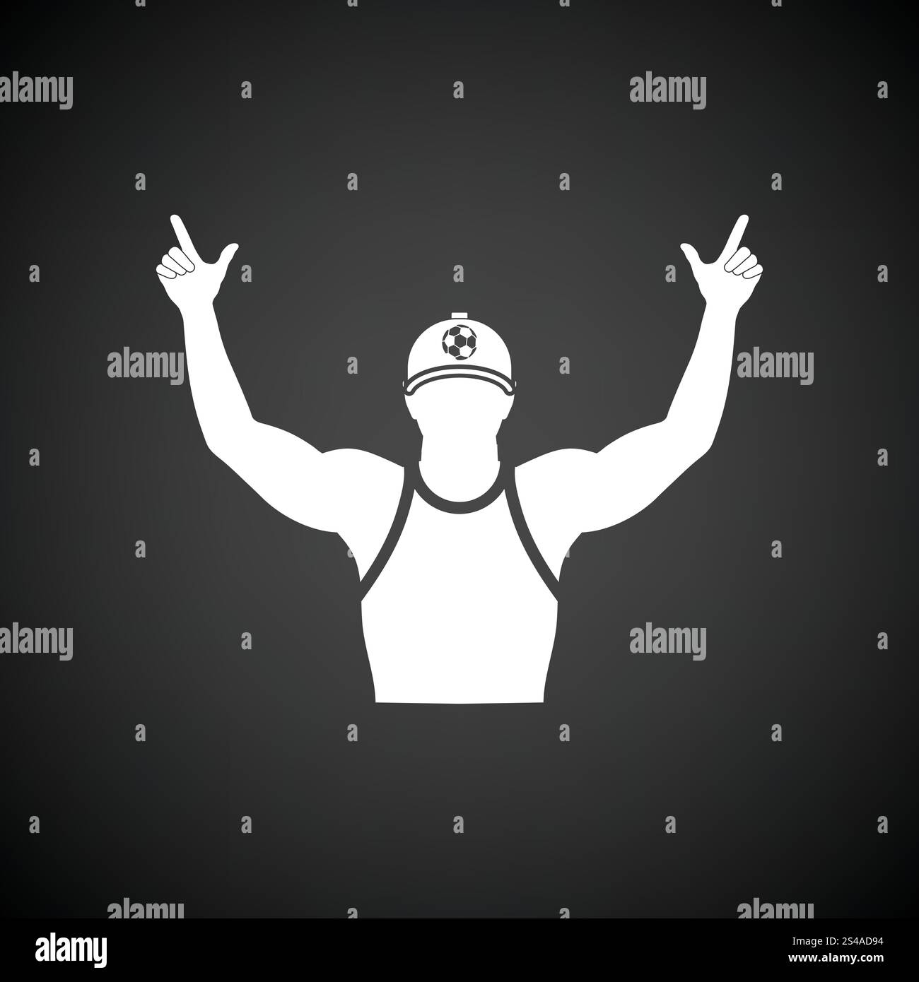 Football fan with hands up icon. Black background with white. Vector ...