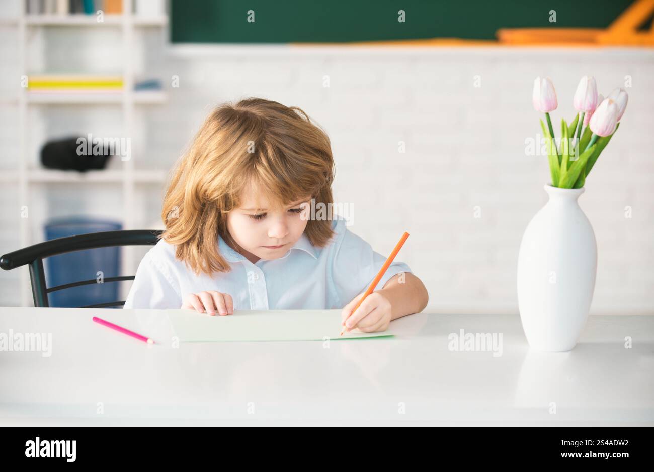 Kids in the school, classroom. School kid writing in copybook and ...