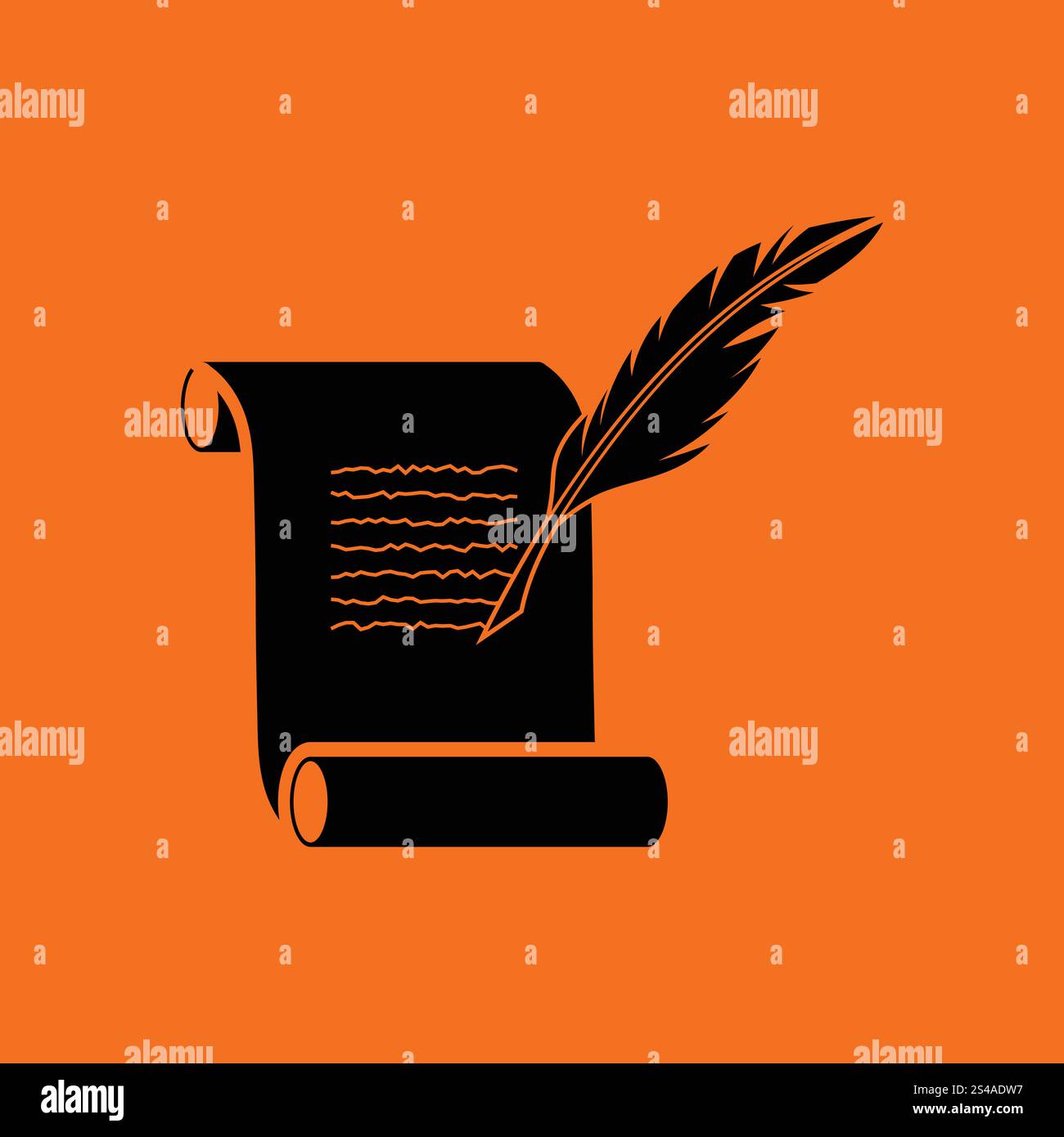 Feather and scroll icon. Orange background with black. Vector ...