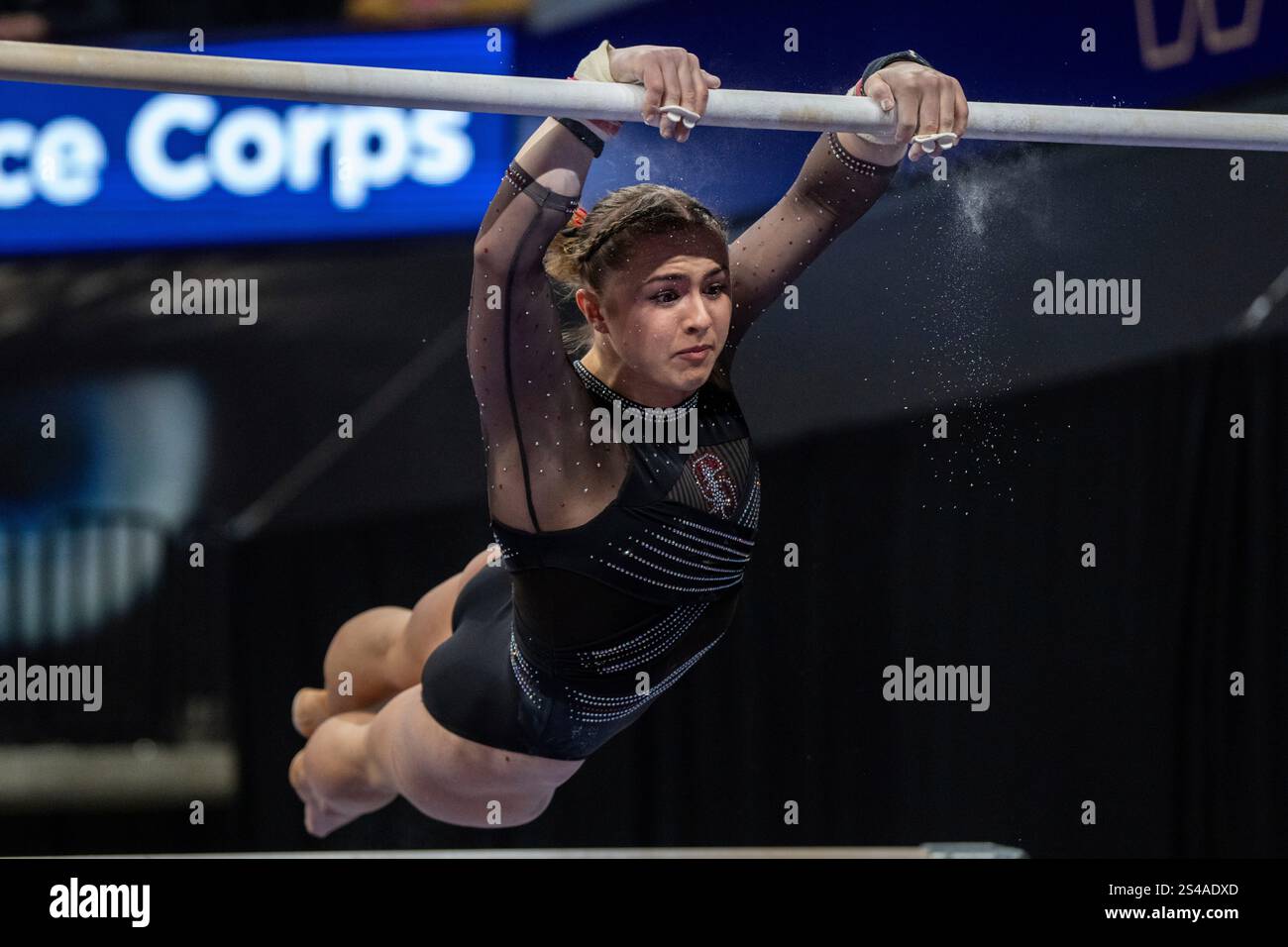Stanford's Anna Roberts competes in teh uneven bars during an NCAA ...