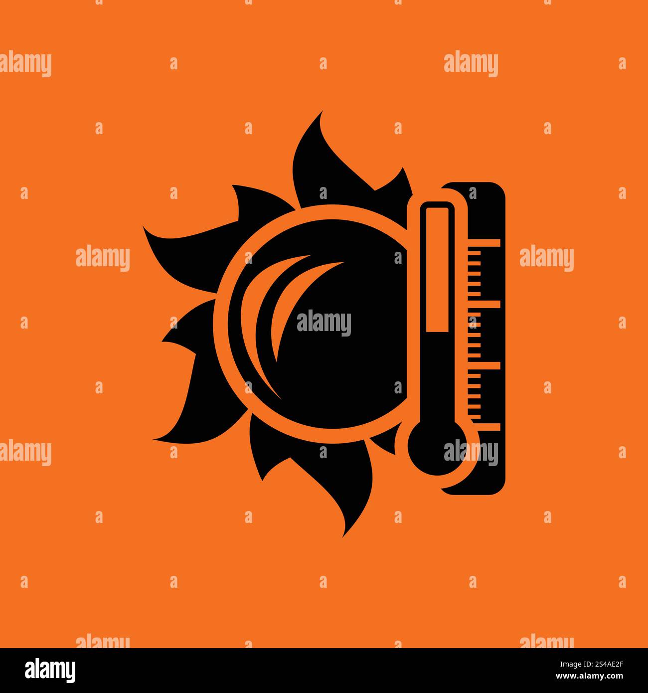 Sun and thermometer with high temperature icon. Orange background with ...