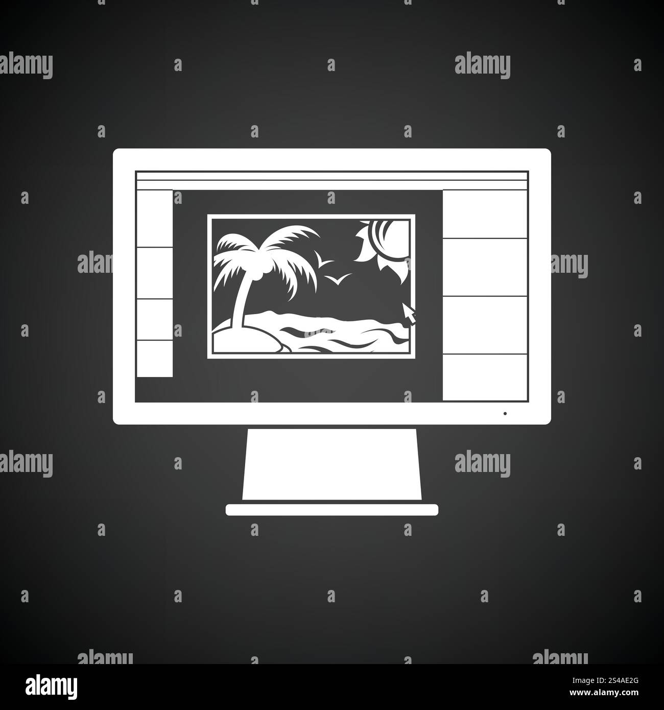 Icon of photo editor on monitor screen. Black background with white ...