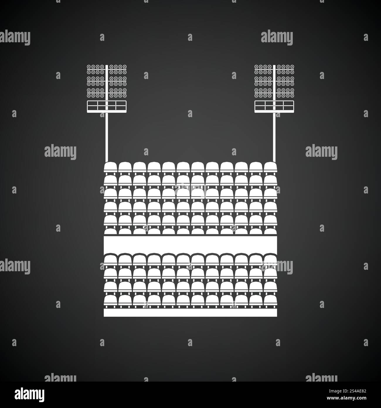 Stadium tribune with seats and light mast icon. Black background with ...