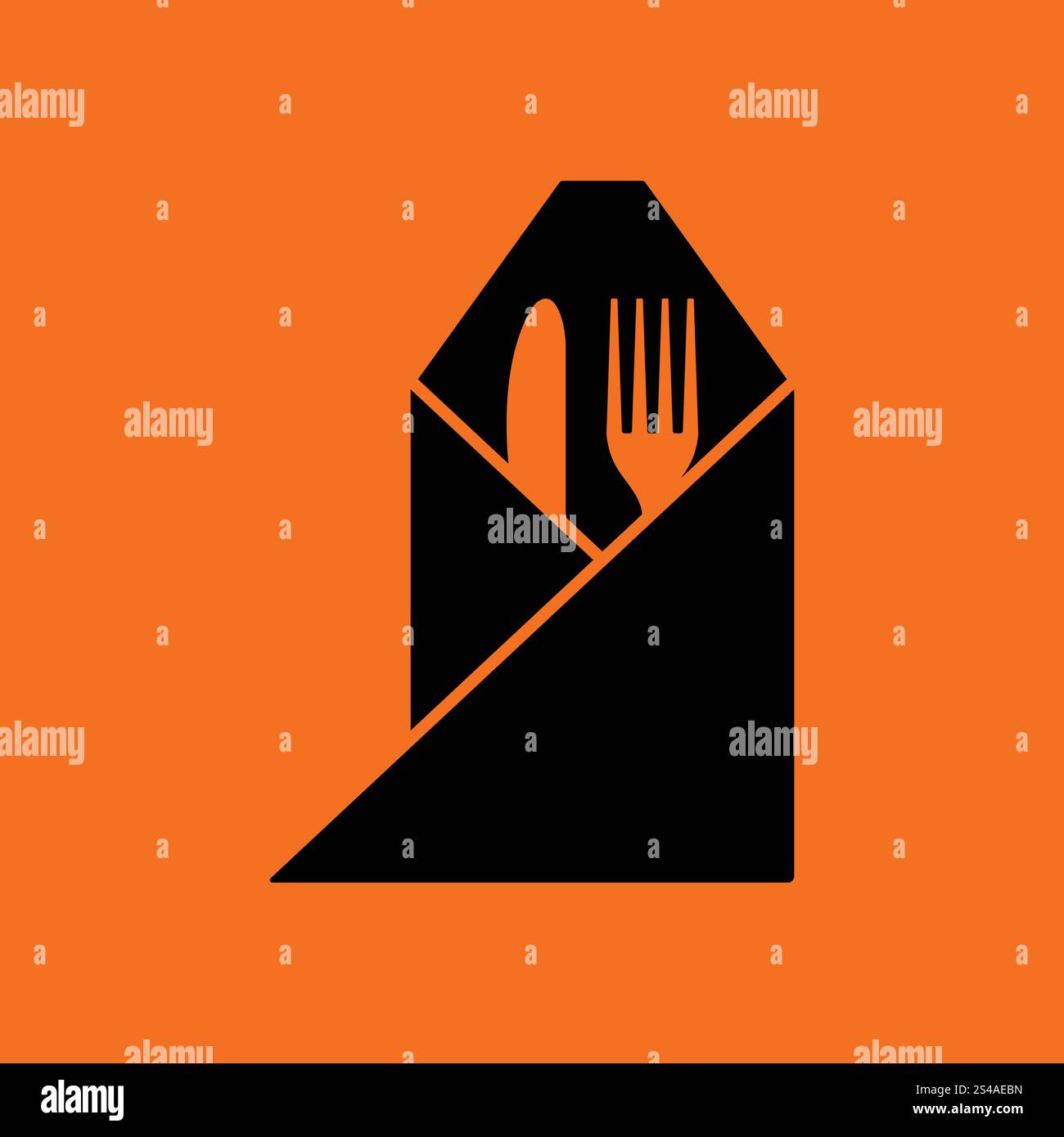 Fork and knife wrapped napkin icon. Orange background with black ...