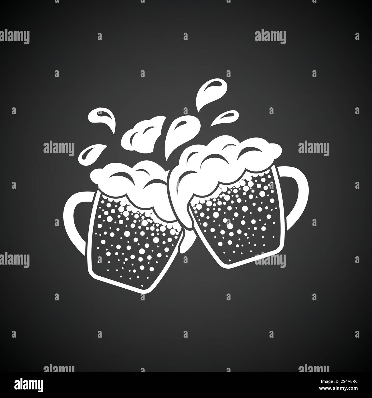 Two clinking beer mugs with fly off foam icon. Black background with ...