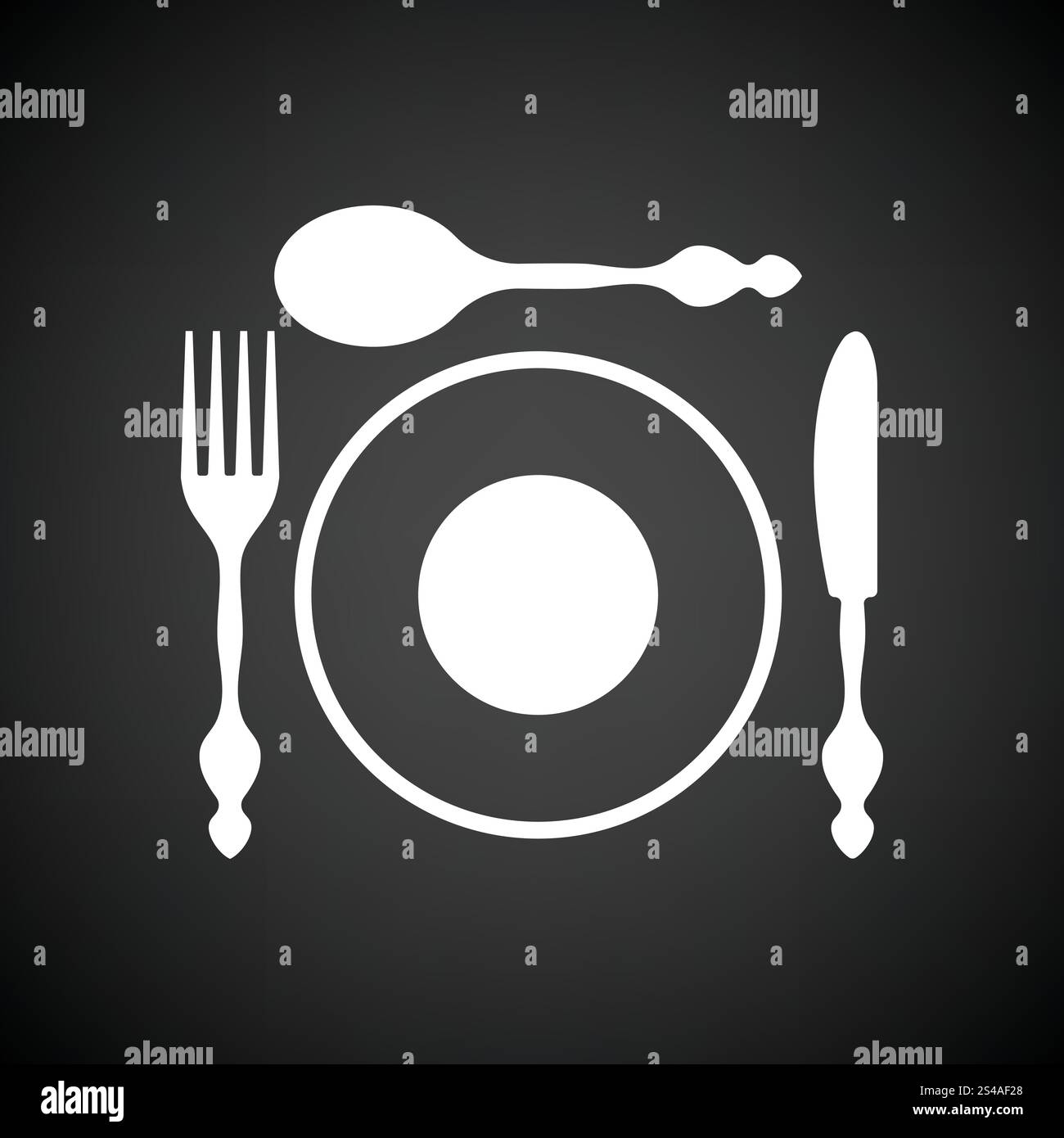 Silverware and plate icon . Black background with white. Vector ...