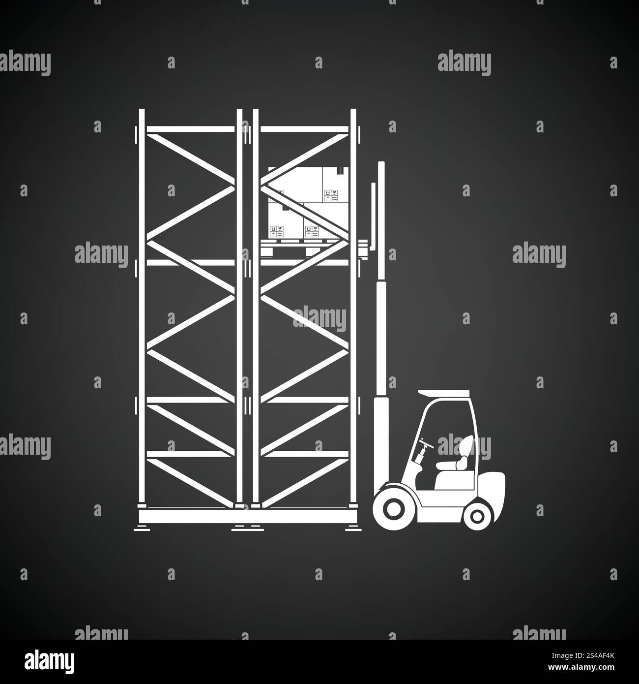 Warehouse forklift icon. Black background with white. Vector ...